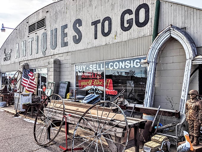 Step right up to the time machine! Antiques To Go's weathered exterior promises a treasure trove of memories waiting to be rediscovered inside.