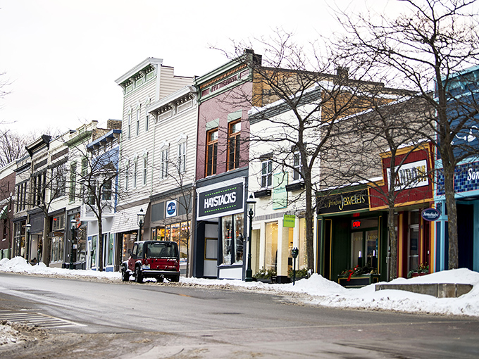 Petoskey's main street: Where Norman Rockwell meets Hallmark movie magic. Snow-dusted storefronts and twinkling lights create a scene so charming, you'll swear you've stepped into a living postcard.