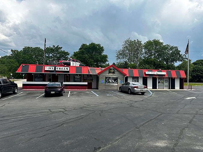 
Step back in time! The Speedtrap Diner's vibrant red-and-white exterior is like a beacon calling all hungry time travelers to refuel their DeLoreans.