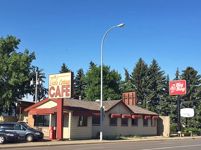 Welcome to flavor town! The Little Cottage Caf&eacute;'s sign promises big taste in a small package, like a culinary TARDIS waiting to be explored.