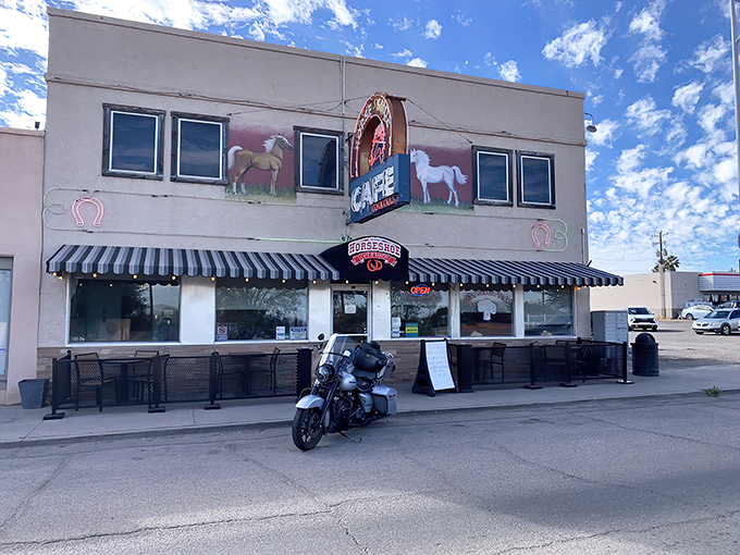 Step back in time! The Horseshoe Cafe's vintage facade is like a portal to a simpler era, when diners ruled and neon signs were the Instagram of their day.