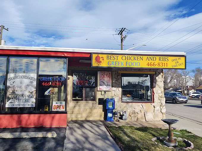 Sunshine on a plate! This vibrant yellow building with its bold red door is like a beacon for hungry souls in Salt Lake City.