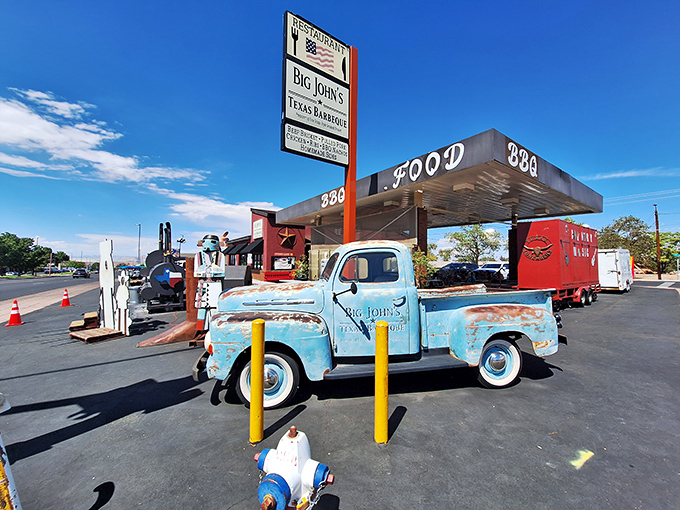Gas station gourmet? You bet! This vintage truck isn't hauling fuel &ndash; it's delivering smoky, meaty dreams to BBQ lovers.