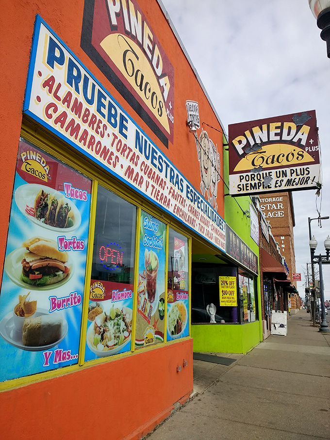 A fiesta for the eyes! Pineda Tacos Plus beckons with its vibrant red exterior, promising a flavor explosion that'll make your taste buds do the salsa.