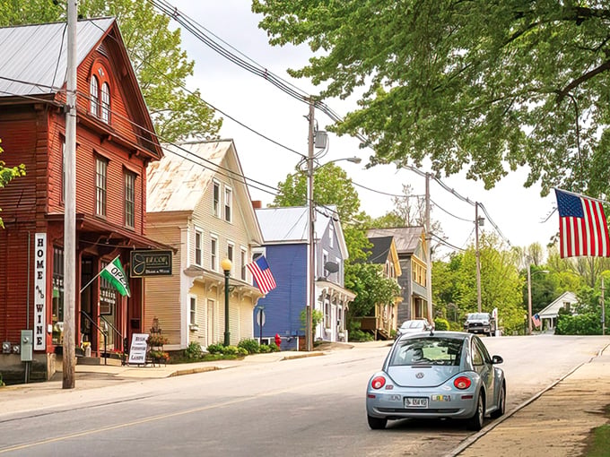 Strolling down this street is like stepping into a Norman Rockwell painting, but with better Wi-Fi. Colorful houses, American flags, and a VW Beetle &ndash; it's quintessential small-town charm with a modern twist.