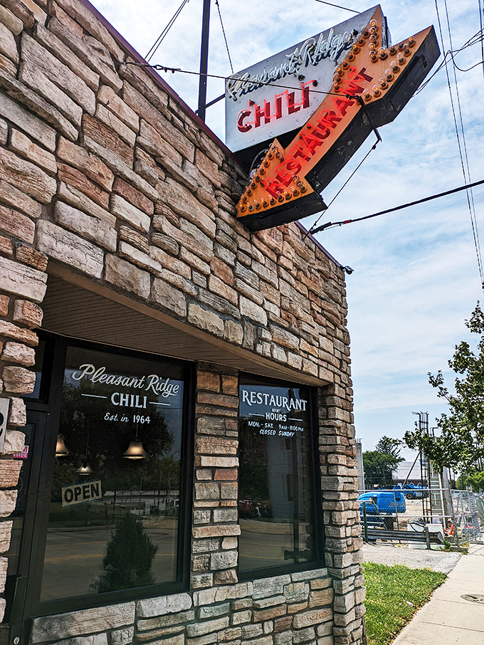 A stone fortress of flavor! Pleasant Ridge Chili's exterior promises a culinary adventure that's been drawing in chili enthusiasts since 1964.