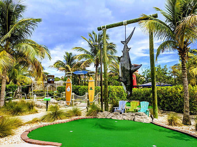 Shark's eye view of paradise! This mini-golf hole combines the thrill of Jaws with the serenity of a beach vacation.