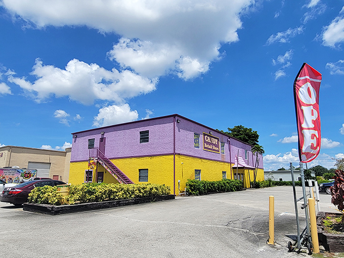 Willy Wonka, eat your heart out! This vibrant purple and yellow facade is like a beacon of sweetness in West Palm Beach.