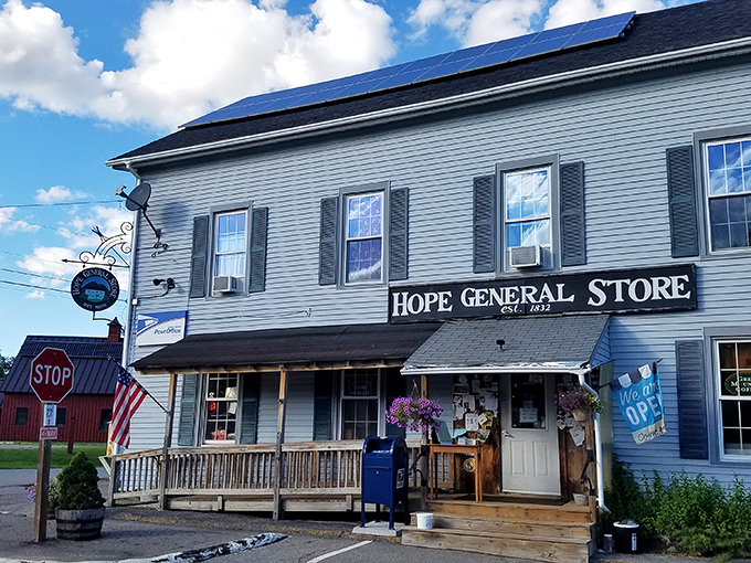 A slice of Americana with a hoppy twist! The Hope General Store stands proud, its weathered clapboards whispering tales of cold beers and warm conversations.