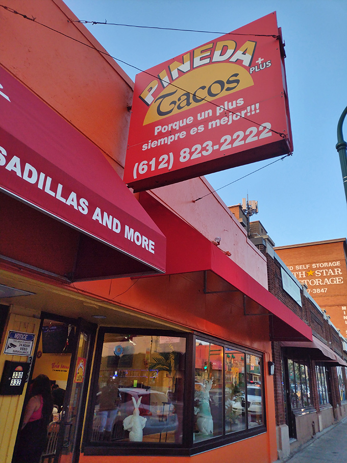 A fiesta for the eyes! Pineda Tacos Plus beckons with its vibrant red exterior, promising a flavor explosion that'll make your taste buds do the salsa.