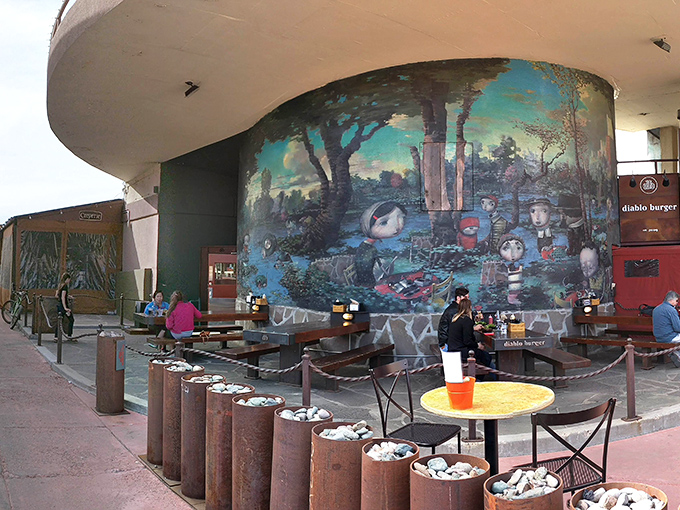 Welcome to burger paradise! Diablo Burger's exterior mural is like Alice in Wonderland meets the Wild West &ndash; a feast for your eyes before the feast for your stomach.