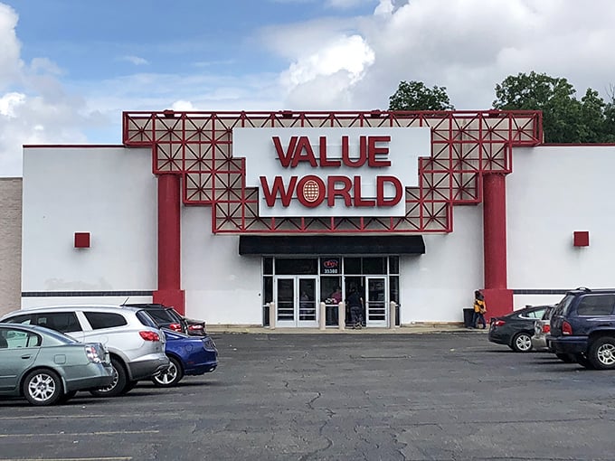 Welcome to Value World, where bargain hunters' dreams come true! This red-and-white facade promises a treasure trove of deals inside.