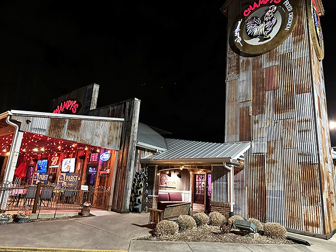 Rustic charm meets Southern hospitality! Champy's exterior beckons with its weathered wood, twinkling lights, and promise of finger-lickin' goodness inside.