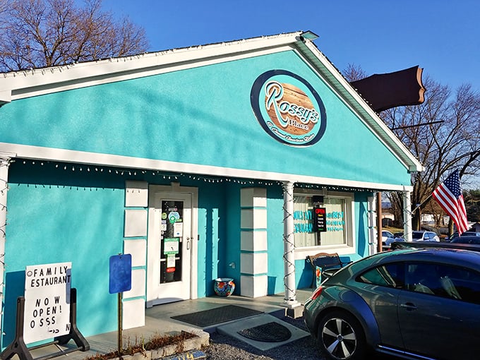 Welcome to Rossy's, where the exterior is as inviting as a warm hug from your favorite aunt. This turquoise gem promises comfort food that'll make your taste buds do a happy dance.
