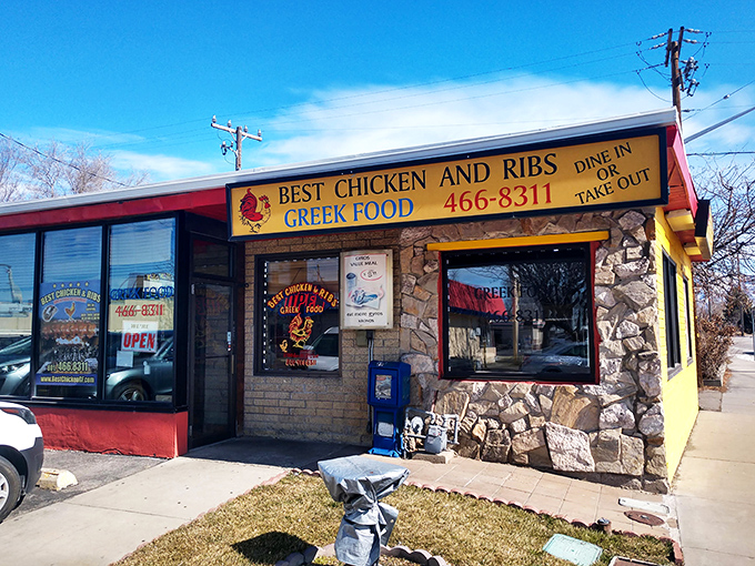 Sunshine on a plate! This vibrant yellow building with its bold red door is like a beacon for hungry souls in Salt Lake City.
