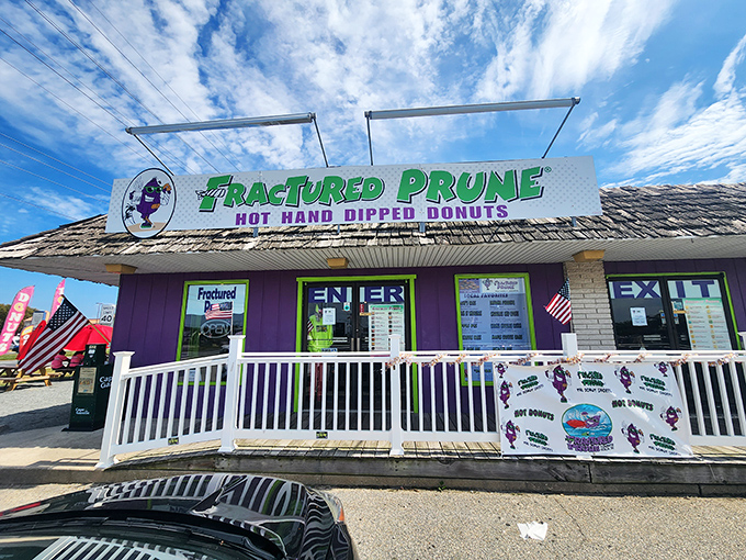 Welcome to donut paradise! Fractured Prune's vibrant exterior is like a beacon of sugary hope on a cloudy day.