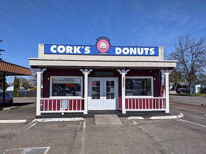Step back in time! Cork's Donuts looks like it was plucked straight from a Norman Rockwell painting, promising sweet nostalgia with every bite.