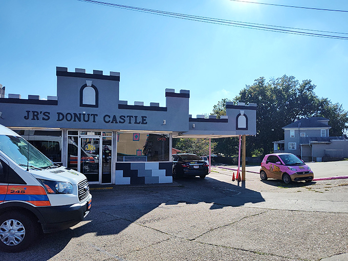 A castle fit for donut royalty! JR's Donut Castle stands proud, its whimsical facade promising sweet treasures within.