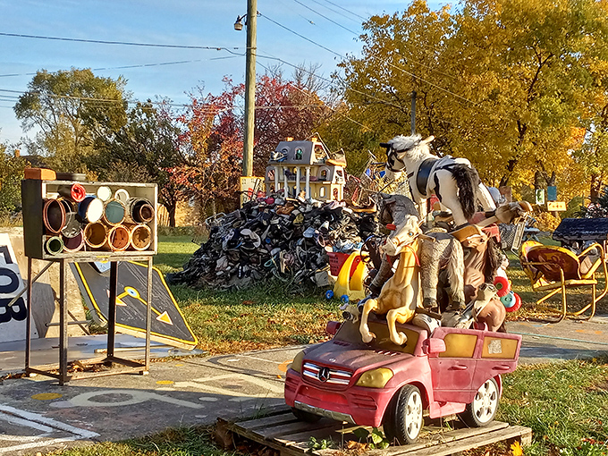Welcome to the Heidelberg Project, where everyday objects become extraordinary art! This colorful car looks ready for a psychedelic road trip through imagination.