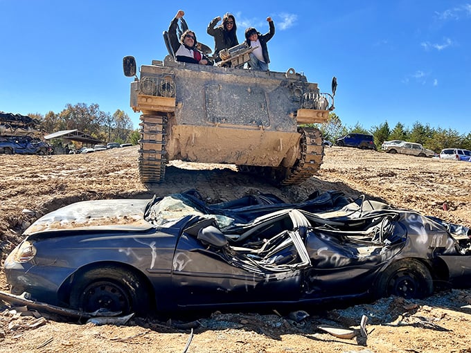 "Tanks for the memories!" This metal behemoth isn't your average joyride, folks. It's a childhood dream come true, with a dash of controlled chaos.