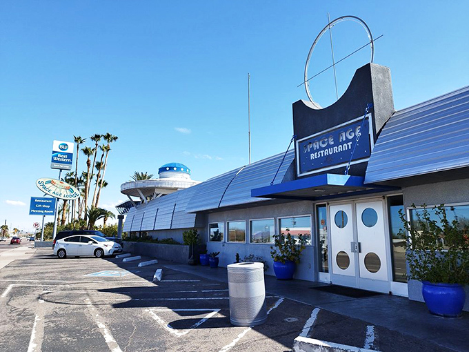 Welcome to the future&hellip; of dining! The Space Age Restaurant's exterior is a retro-futuristic feast for the eyes, complete with porthole windows and a sign that screams "The Jetsons were here!"
