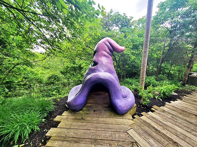 "Who needs ruby slippers when you've got purple pumps? This whimsical shoe sculpture is straight out of a Dr. Seuss dreamscape!"