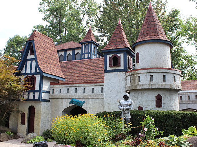 Welcome to Ye Olde Time Machine! This enchanting entrance whisks you away to a world where "medieval" and "air conditioning" coexist harmoniously.