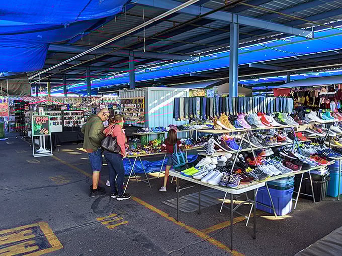 Phoenix Park 'n Swap: shoppers browse diverse stalls offering clothing, accessories, and miscellaneous items. A vibrant atmosphere of bargain hunting and community gathering unfolds.
