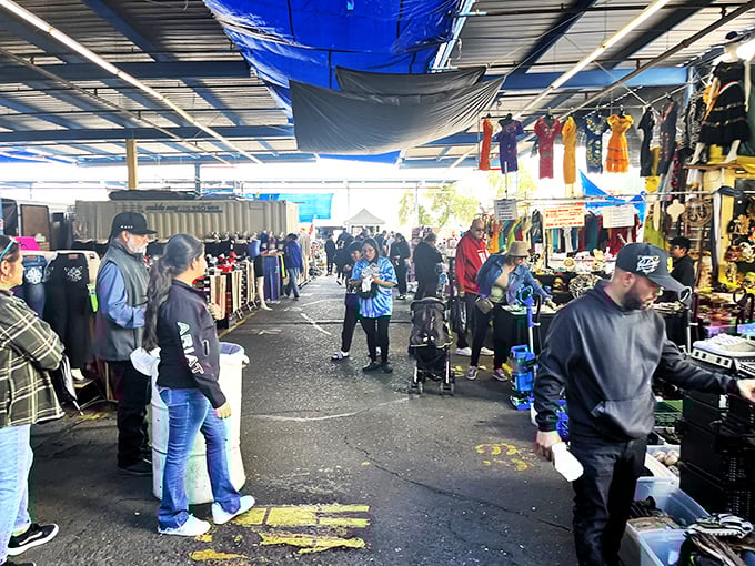 Phoenix Park 'n Swap: shoppers browse diverse stalls offering clothing, accessories, and miscellaneous items. A vibrant atmosphere of bargain hunting and community gathering unfolds.