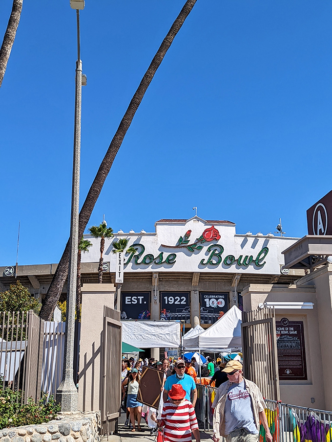 Welcome to treasure hunter's paradise! The Rose Bowl Flea Market beckons with its iconic sign, promising a day of discovery under the California sun.
