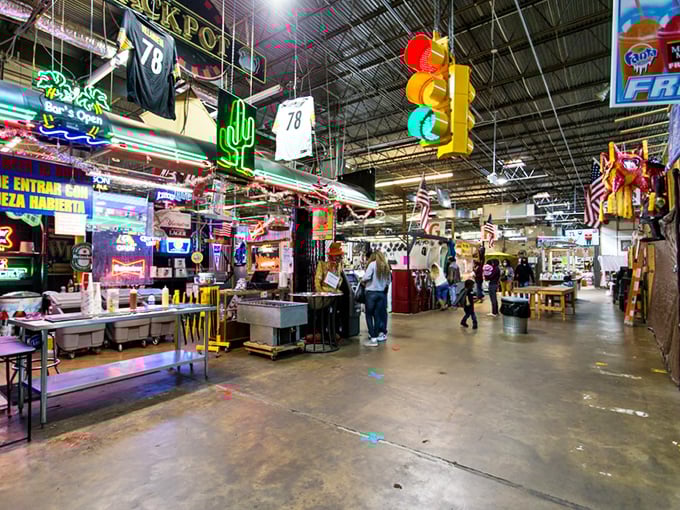 Step right up to the carnival of commerce! This flea market aisle is a kaleidoscope of neon signs, cowboy hats, and endless possibilities.