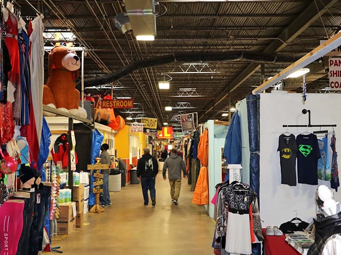 Step right up to the carnival of commerce! This flea market aisle is a kaleidoscope of neon signs, cowboy hats, and endless possibilities.