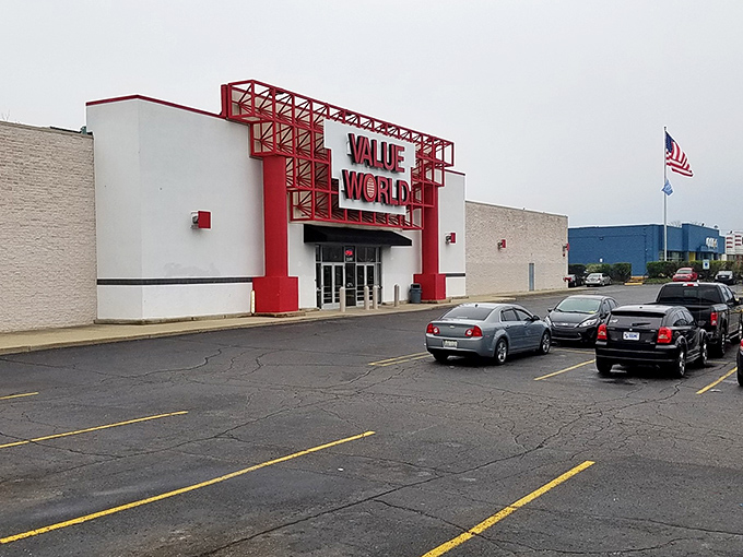 Welcome to Value World, where bargain hunters' dreams come true! This red-and-white facade promises a treasure trove of deals inside.