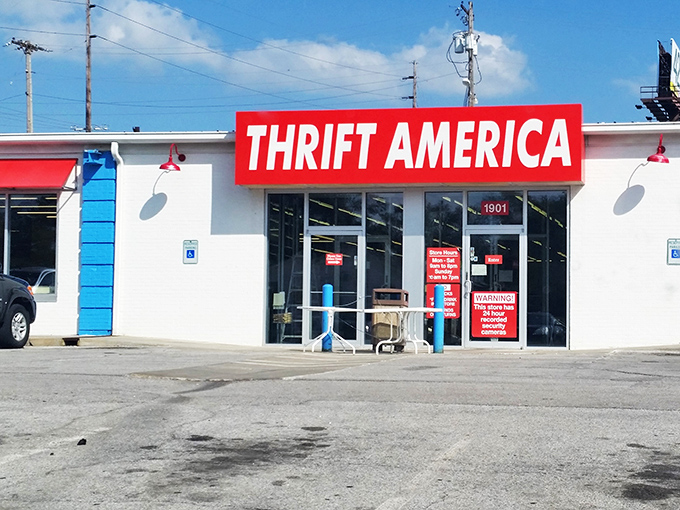 Welcome to Thrift America, where the American Dream comes with a gently-used price tag! This red, white, and blue facade is your gateway to secondhand paradise.