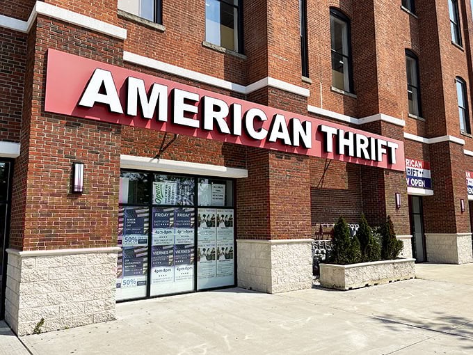 Welcome to the brick-and-mortar wonderland of American Thrift! This unassuming facade hides a treasure trove that would make Indiana Jones jealous.