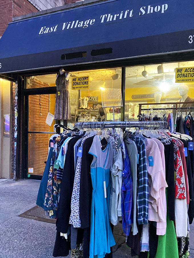 Welcome to the East Village Thrift Shop, where fashion dreams come true without breaking the bank. This unassuming storefront is a portal to sartorial adventures!