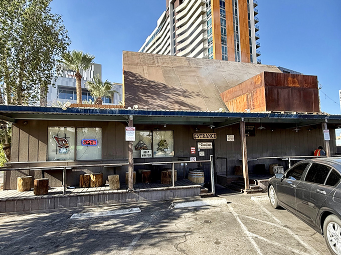 Welcome to burger paradise! The Chuckbox's rustic exterior is like a time machine disguised as a shack, promising mesquite-grilled delights inside.