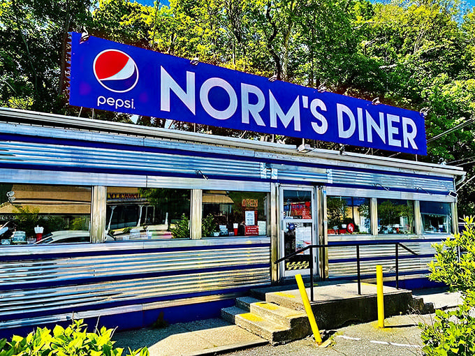 A slice of Americana, served with a side of nostalgia. Norm's Diner stands proud, its blue-trimmed exterior promising comfort food and friendly faces within.  