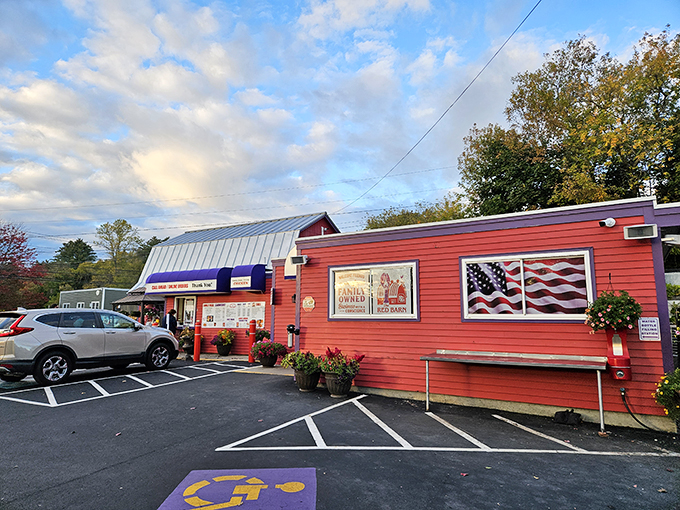 Welcome to seafood paradise! The Red Barn's vibrant exterior is like a beacon calling all hungry sailors to shore.