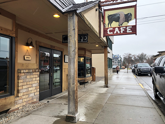 Welcome to buffalo paradise! This charming facade is like a time machine to the Old West, but with better coffee and fewer shootouts.
