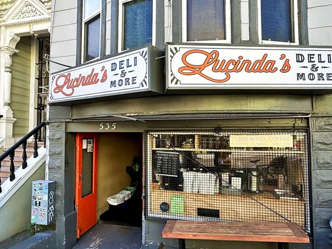 Welcome to sandwich paradise! Lucinda's charming storefront beckons like a siren song to hungry passersby, promising delicious adventures within.