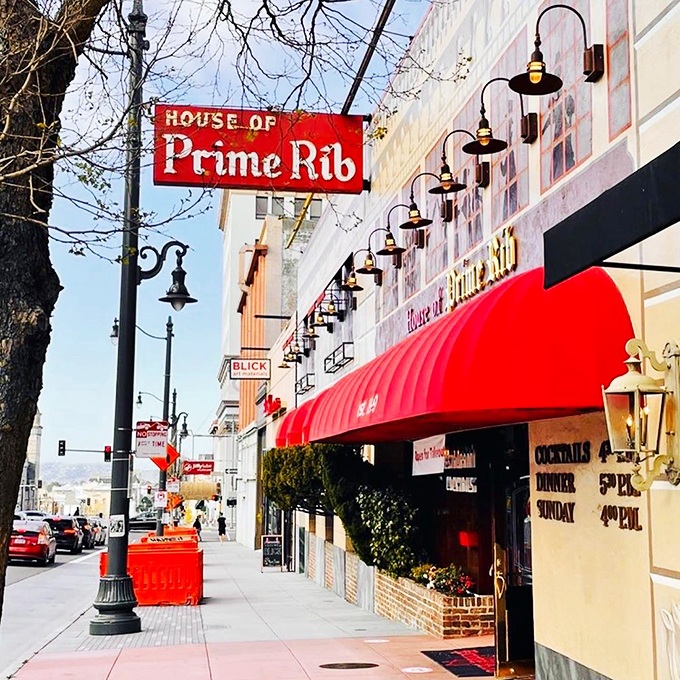 A red carpet welcome for your taste buds! This iconic facade promises a journey into prime rib paradise, where meat dreams come true and diets go to die.
