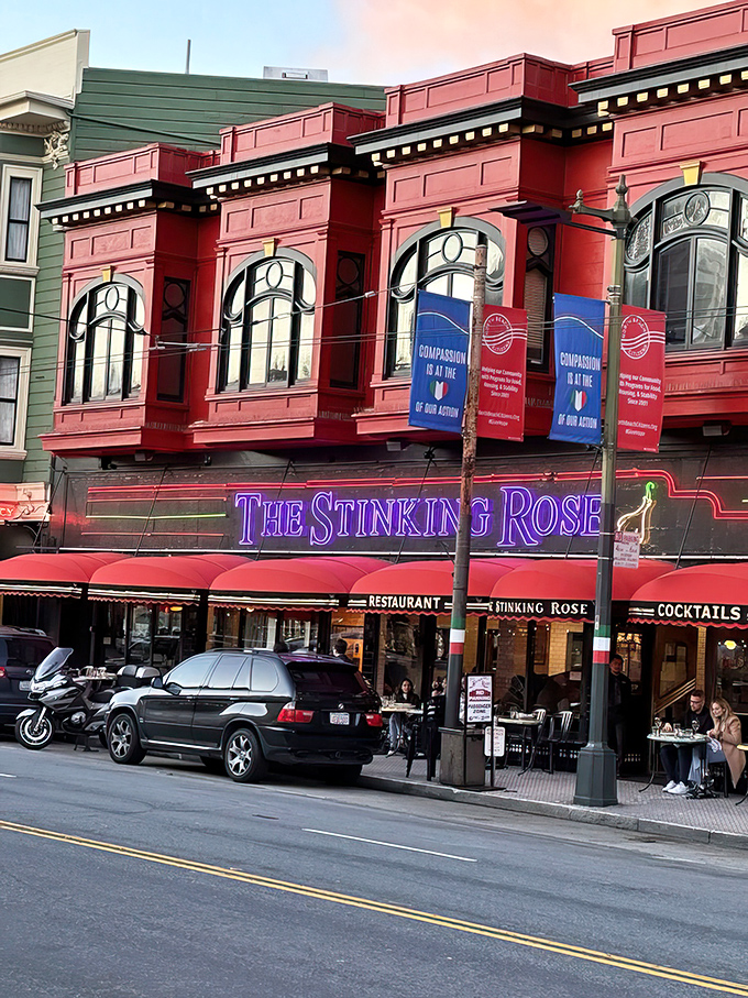 A red-hot beacon of flavor! The Stinking Rose's vibrant exterior promises a garlic-infused adventure that'll make your taste buds tango and vampires run for cover.