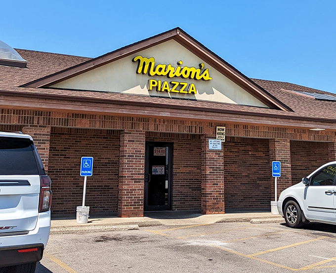 Welcome to pizza paradise! Marion's Piazza stands proud, its yellow sign a beacon of cheesy goodness in the Ohio landscape.