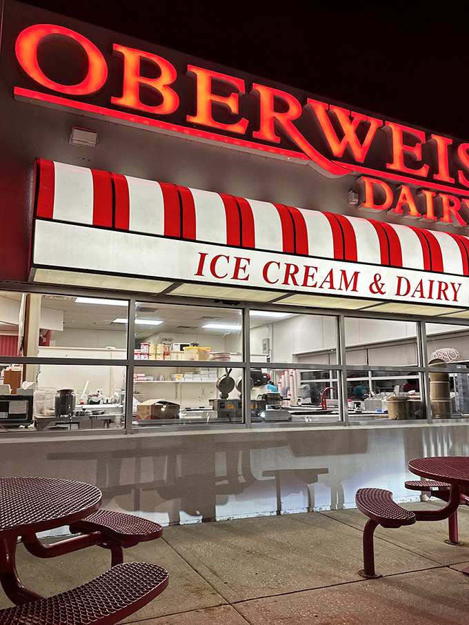 Welcome to dairy paradise! Oberweis beckons with its iconic red and white awning and promise of creamy delights. It's like Willy Wonka's factory, but for ice cream lovers.