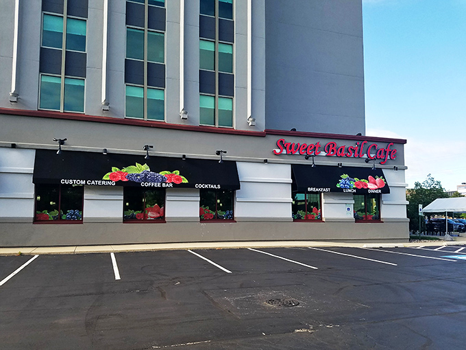 Sweet Basil Cafe: Where comfort food dreams come true! This unassuming exterior hides a world of flavor that'll make your taste buds do a happy dance.