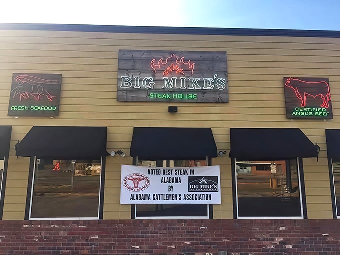 Welcome to Big Mike's, where the steaks are so good, they should have their own fan club. This unassuming exterior hides a carnivore's paradise within.