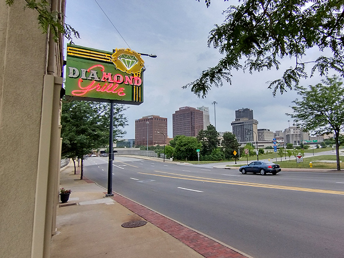 A diamond in the rough! This neon sign beckons hungry souls to a culinary oasis amid Akron's urban landscape. Time-travel never looked so delicious.