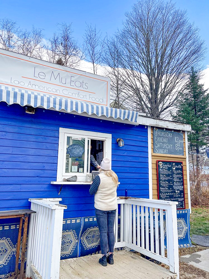 Blue-tiful surprise! This vibrant shack is like finding a sapphire in a pine forest. Le Mu Eats brings a pop of color and flavor to Bethel, Maine.