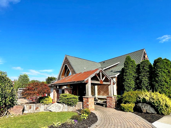 A rustic cabin or a BBQ paradise? At Bad Brad's, it's both! This charming exterior promises smoky delights within, like a meaty oasis in suburban Michigan.